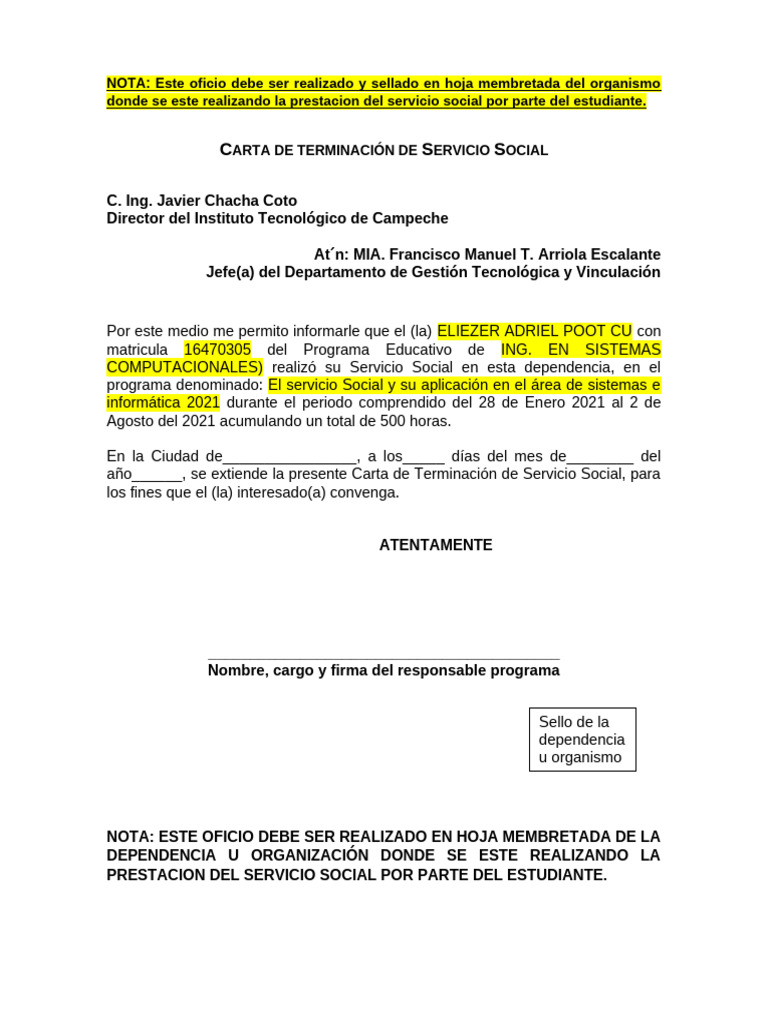 Ejemplo de La Carta de Terminación de Servicio Social (2420) | PDF