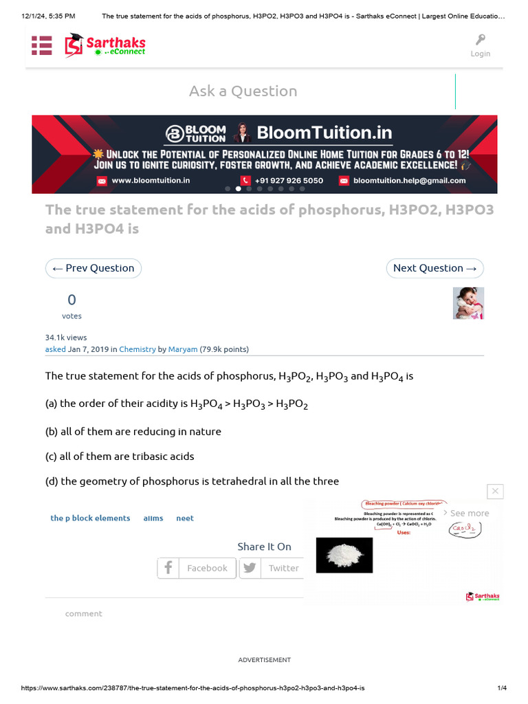 The True Statement For The Acids of Phosphorus, H3PO2, H3PO3 and H3PO4 ...