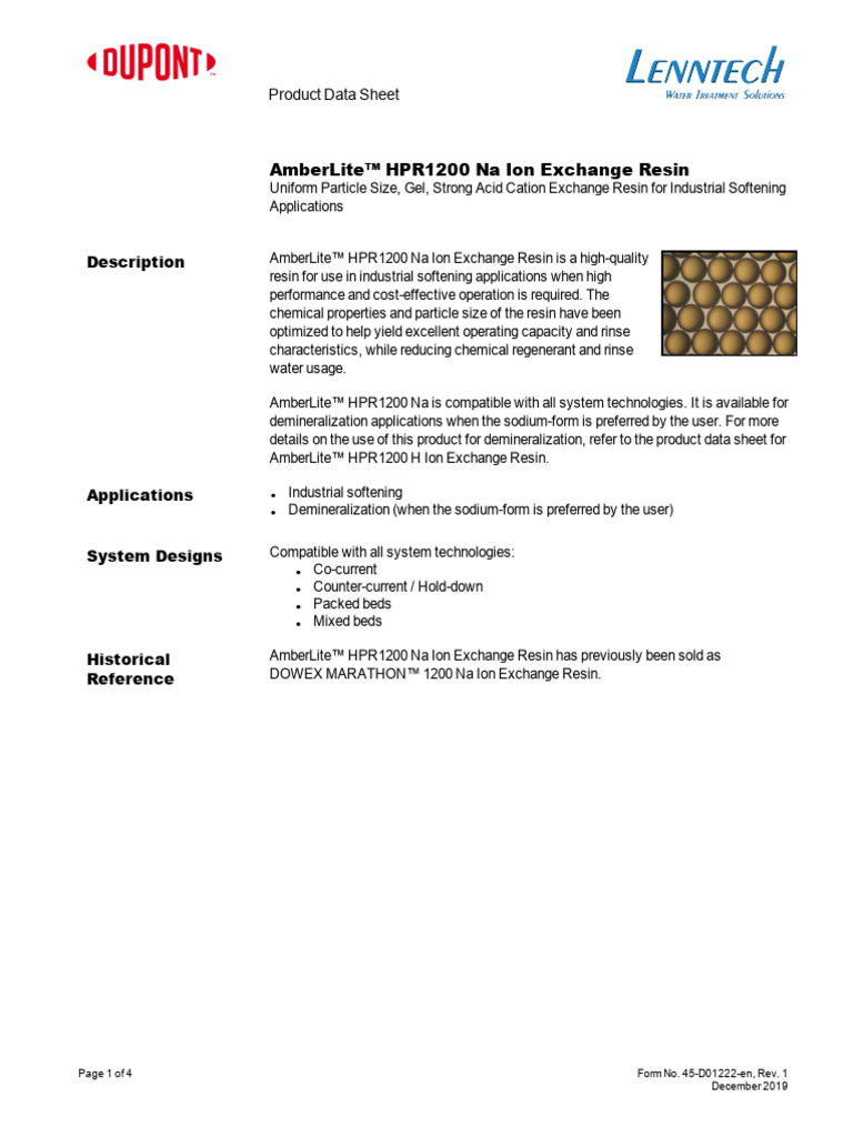DuPont AmberLite HPR1200 Na Ion Exchange Resin L | PDF | Ion Exchange ...