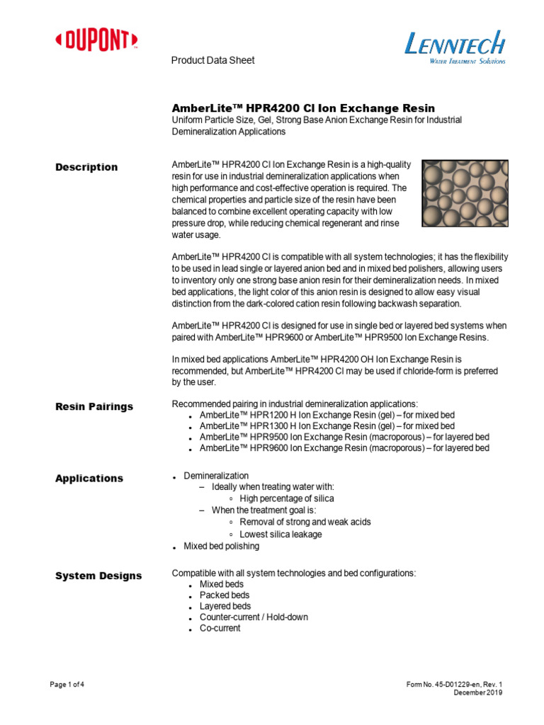 DuPont AmberLite HPR4200 CL Ion Exchange Resin L | PDF | Ion Exchange | Ion