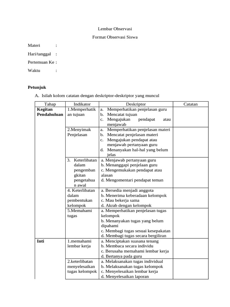Format Observasi Siswa | PDF