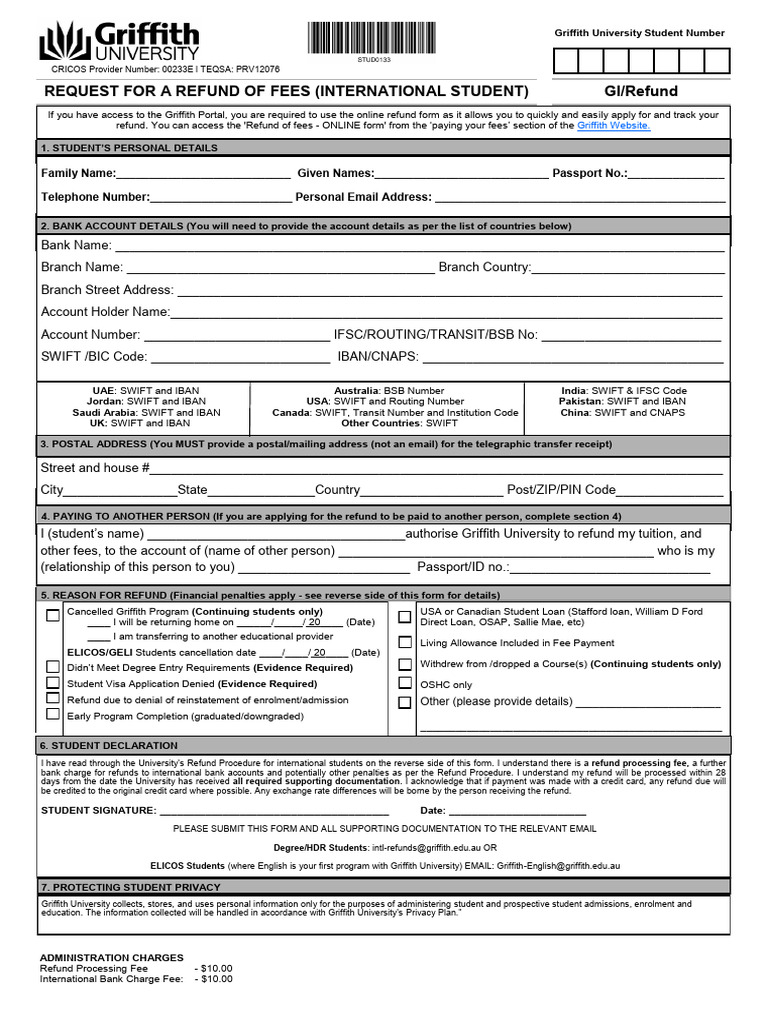International Student Refund Request Form | PDF | Fee | Tuition Payments