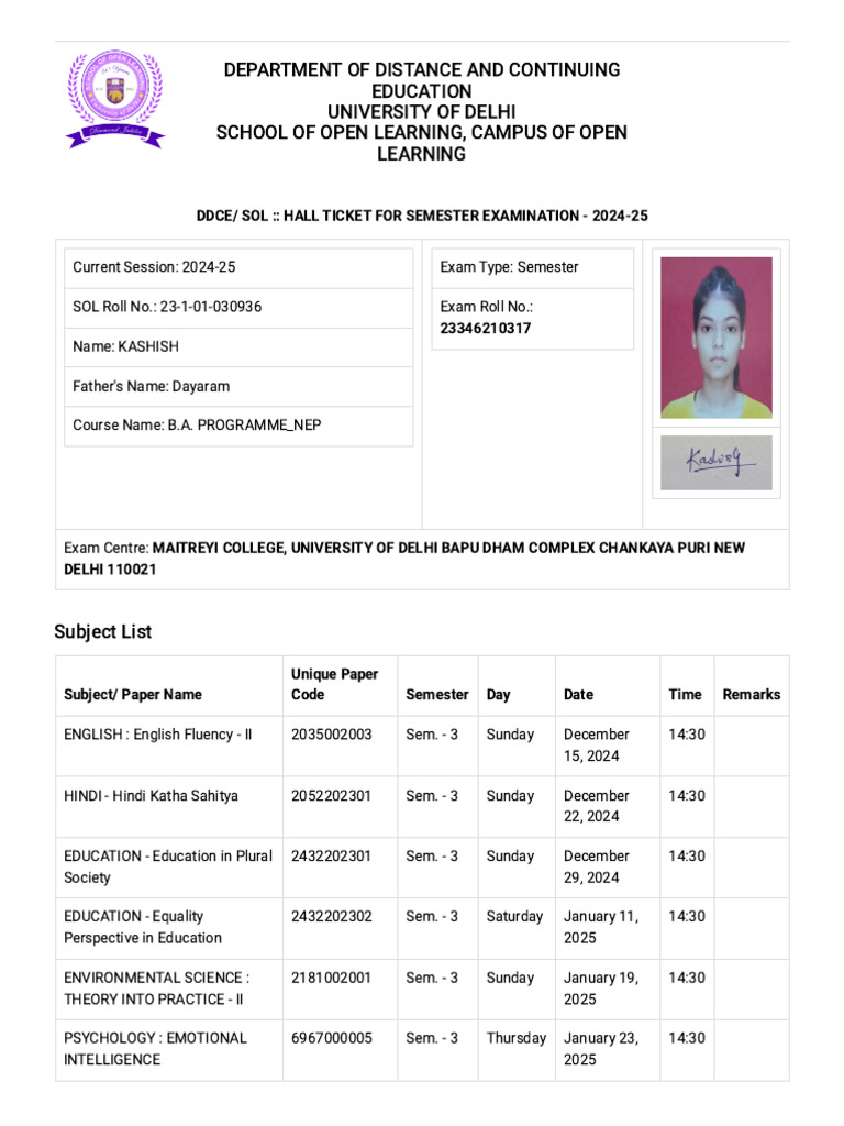 Hall Ticket For Semester Examination - 2024-25 | PDF
