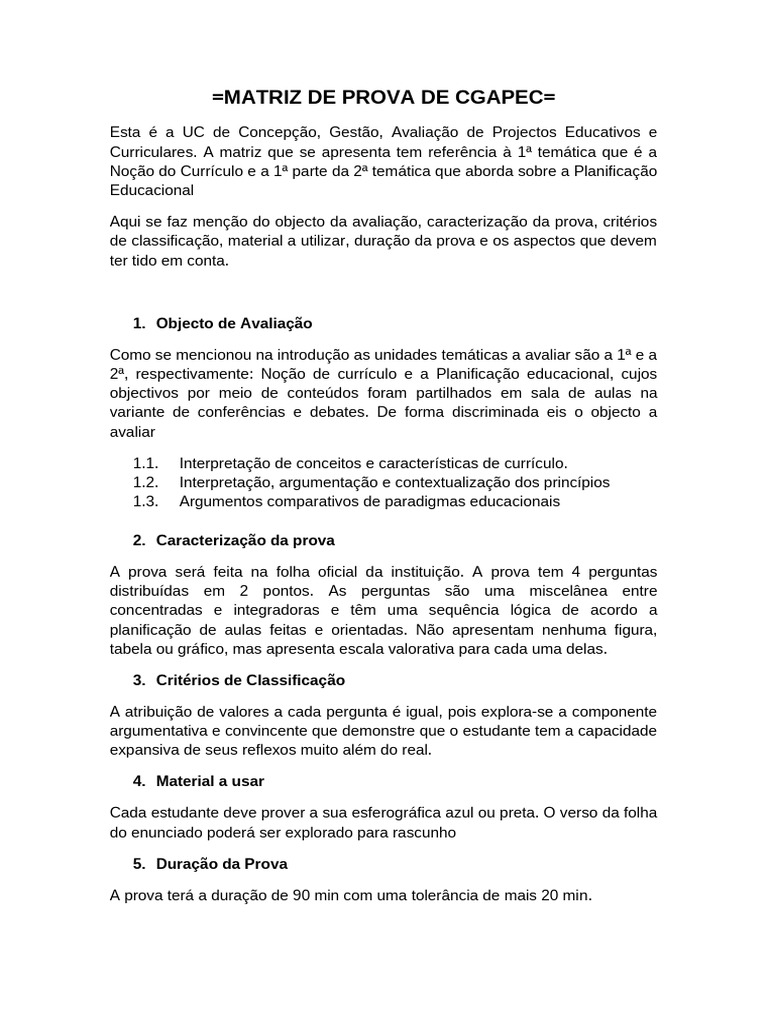 MATRIZ DE PROVA_1 | PDF
