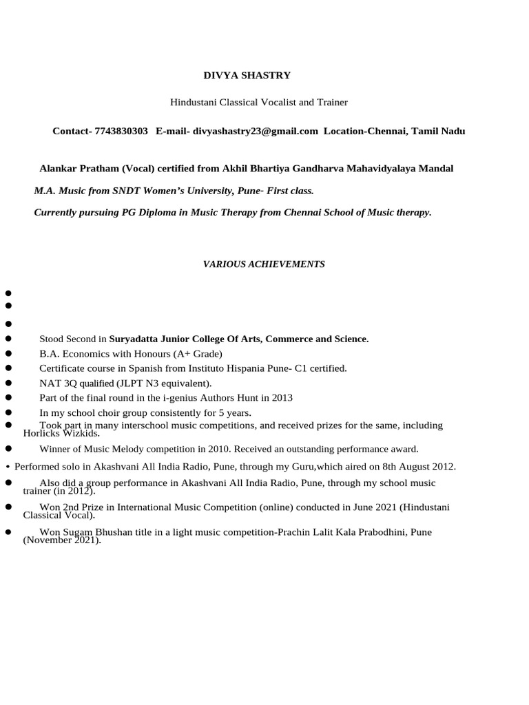 Divya Shastry Hindustani Vocal Trainer Resume (1) (2) | PDF