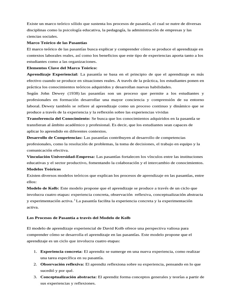 Los Procesos de Pasantía Marco Teórico | PDF | Aprendizaje | Experiencia