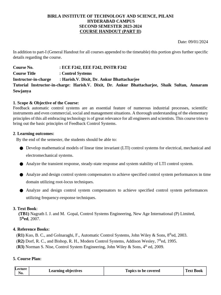 EEE ECE INSTR F242 Control System Handout | PDF