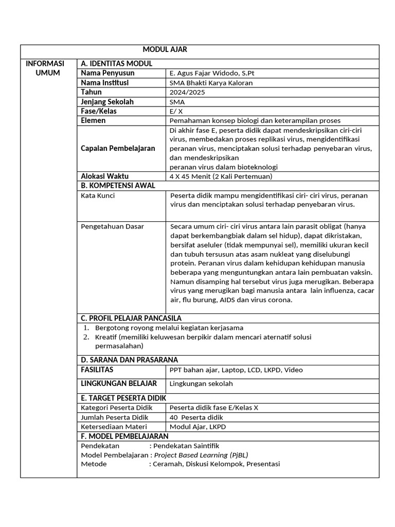 Modul Ajar Virus | PDF