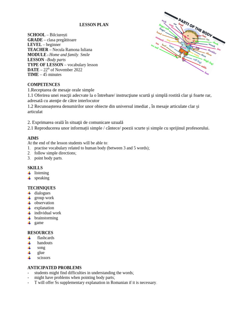Body Parts Vocabulary Lesson Plan | PDF | Learning Methods | Teaching