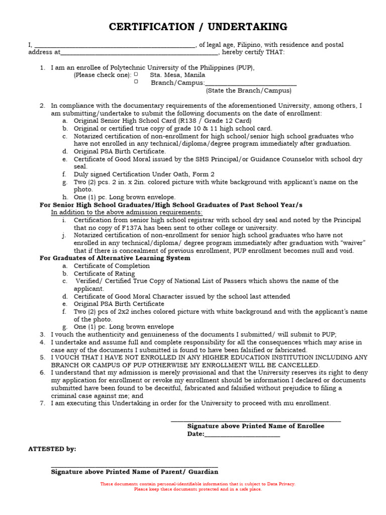 PUP Enrollment Certification Requirements | PDF