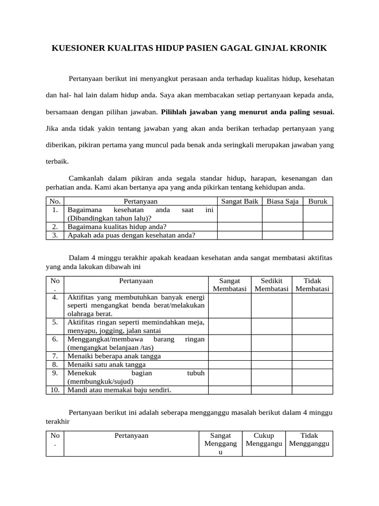Kuesioner Kualitas Hidup Pasien Gagal Ginjal | PDF