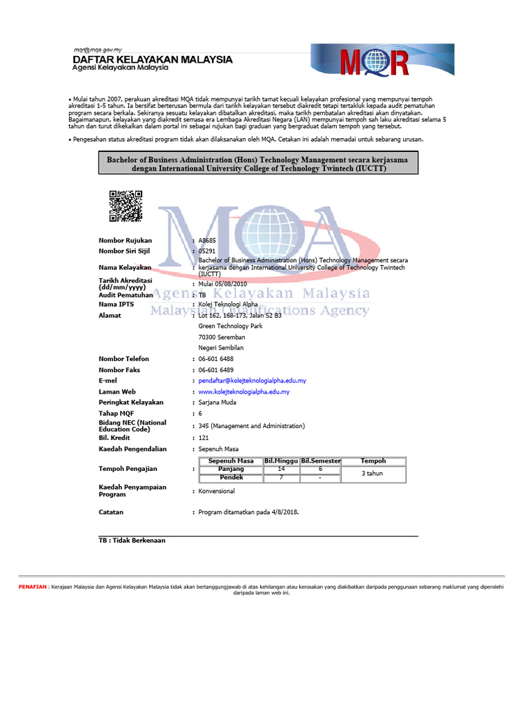 Mqa For Kolej Alpha Tech Management | PDF