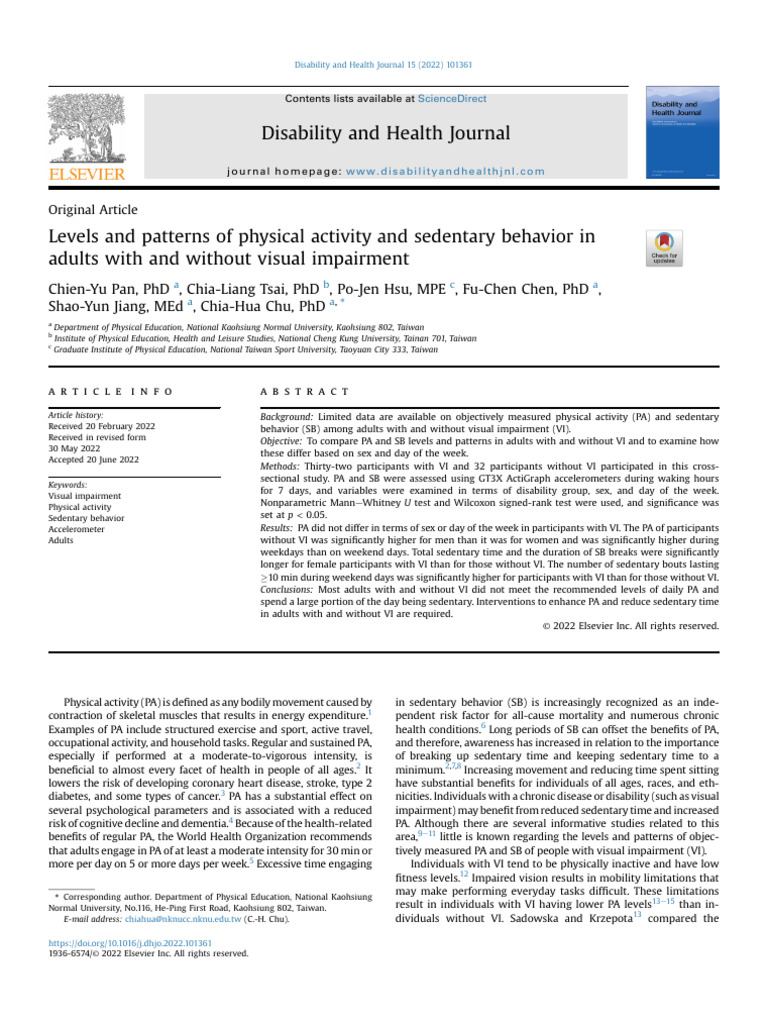 Levels and Patterns of Physical Activity and Sedentary Behavior in | PDF | Adolescence ...