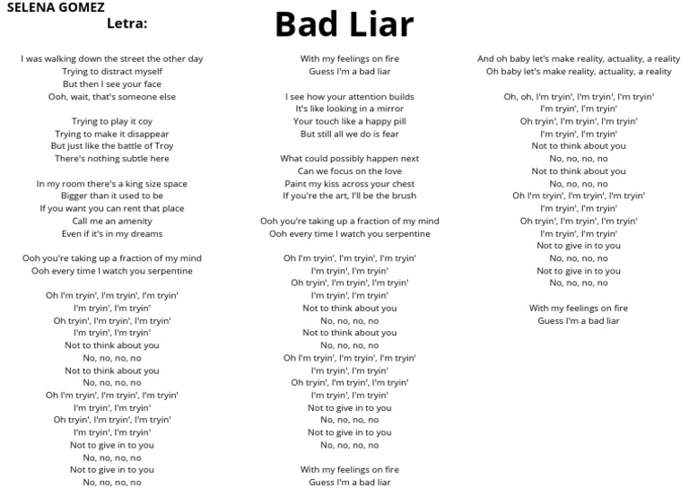 SELENA GOMES - LETRA DA MÚSICA 'Bad Liar' | PDF