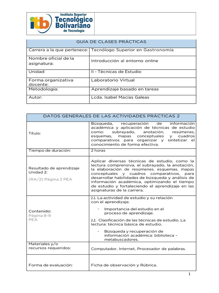 Clase Practica 2 Gastronomia | PDF | Habilidades de estudio | Aprendizaje