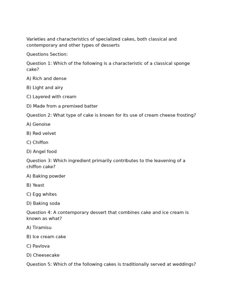 Cake Varieties & Characteristics Quiz | PDF | Cakes | Desserts