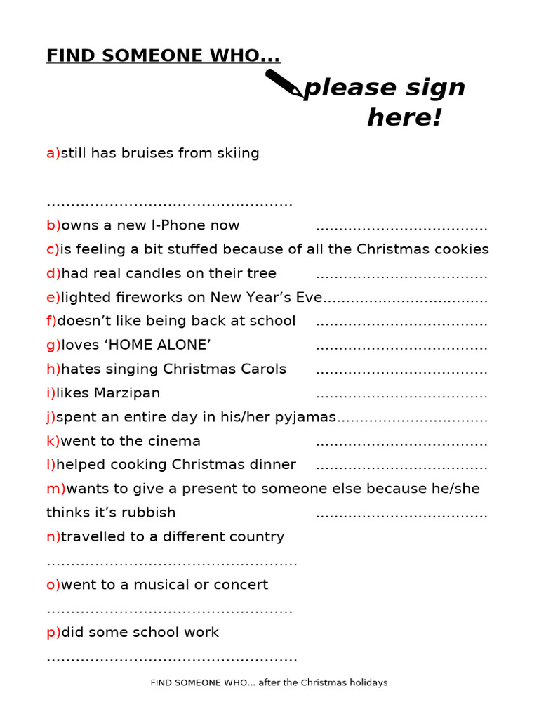 Find Someone Who After Christmas Holidays Fun Activities Games | PDF