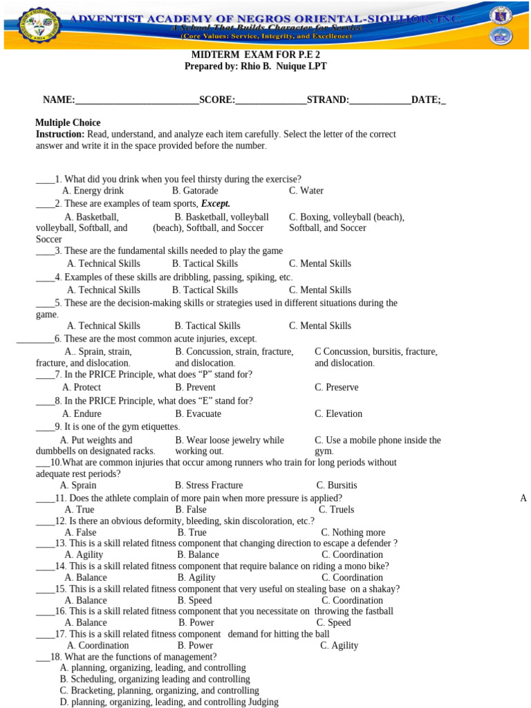 Midterm Exam For Pe 2 G11-Second Sem | PDF