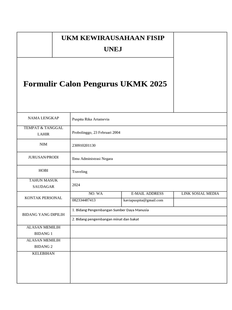 Formulir Pendaftaran Pengurus Ukmk 2025 | PDF