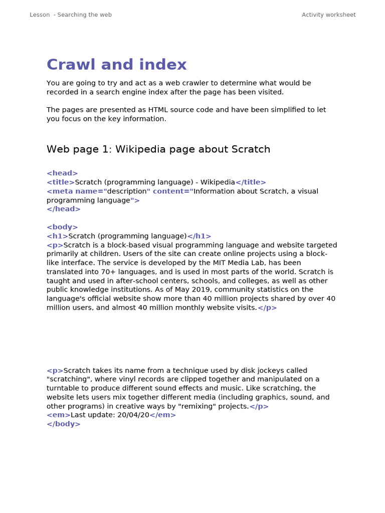 A1 Worksheet - Crawl and Index | PDF | Scratch (Programming Language ...