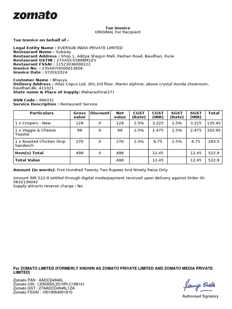 Zomato lunch invoice | PDF | Payments | Taxes