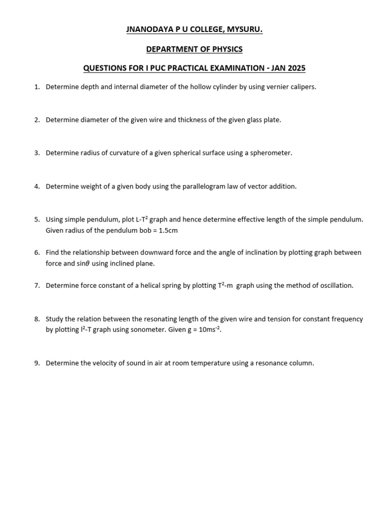 I PUC Physics Practical Exam Questions | PDF
