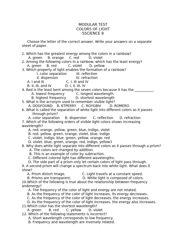 MODULAR TEST 5 | PDF | Refraction | Color