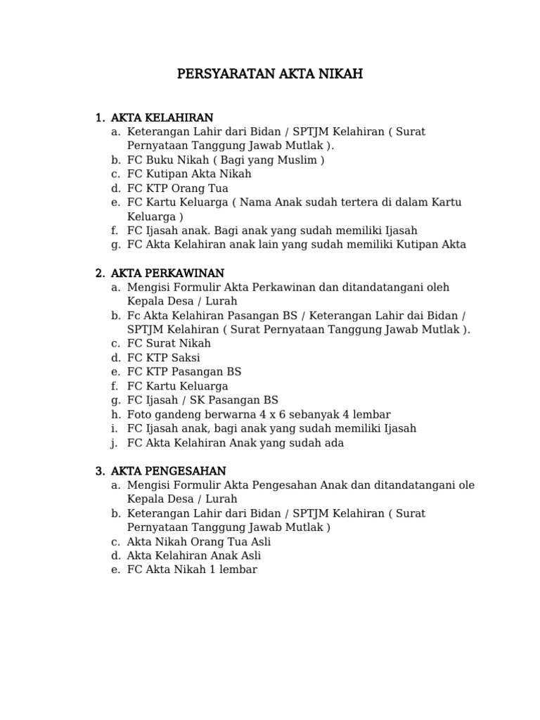 Persyaratan Akta Nikah Lengkap | PDF