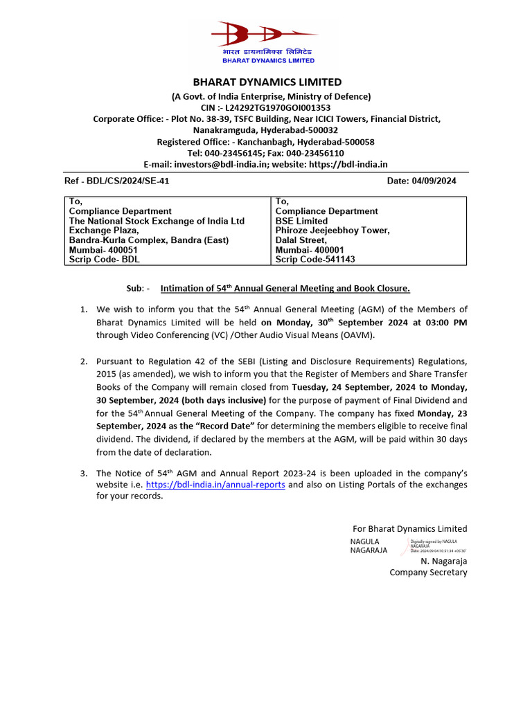 Bharat Dynamics Limited: Scrip Code-BDL Scrip Code-541143 | PDF
