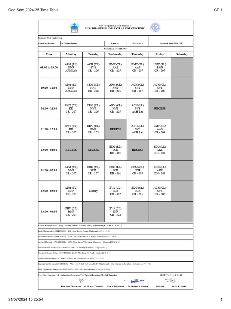 2024-25 Odd Semester Time Table | PDF | Physical Sciences | Engineering