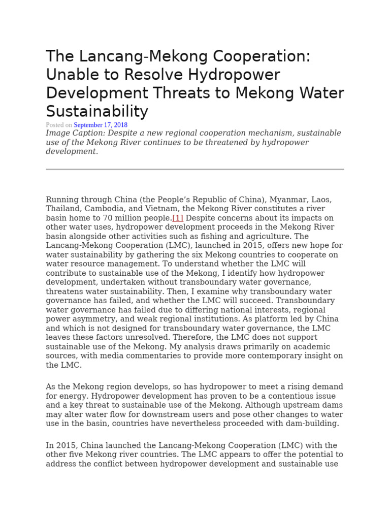 The Lancang-Mekong Cooperation Unable To Resolve Hydropower Development ...