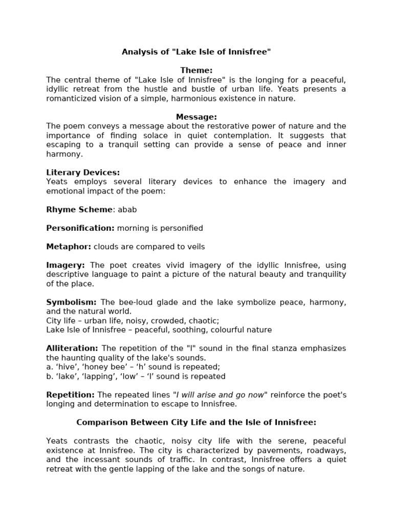 Lake Isle of Innisfree (Poem) | PDF | Poetry