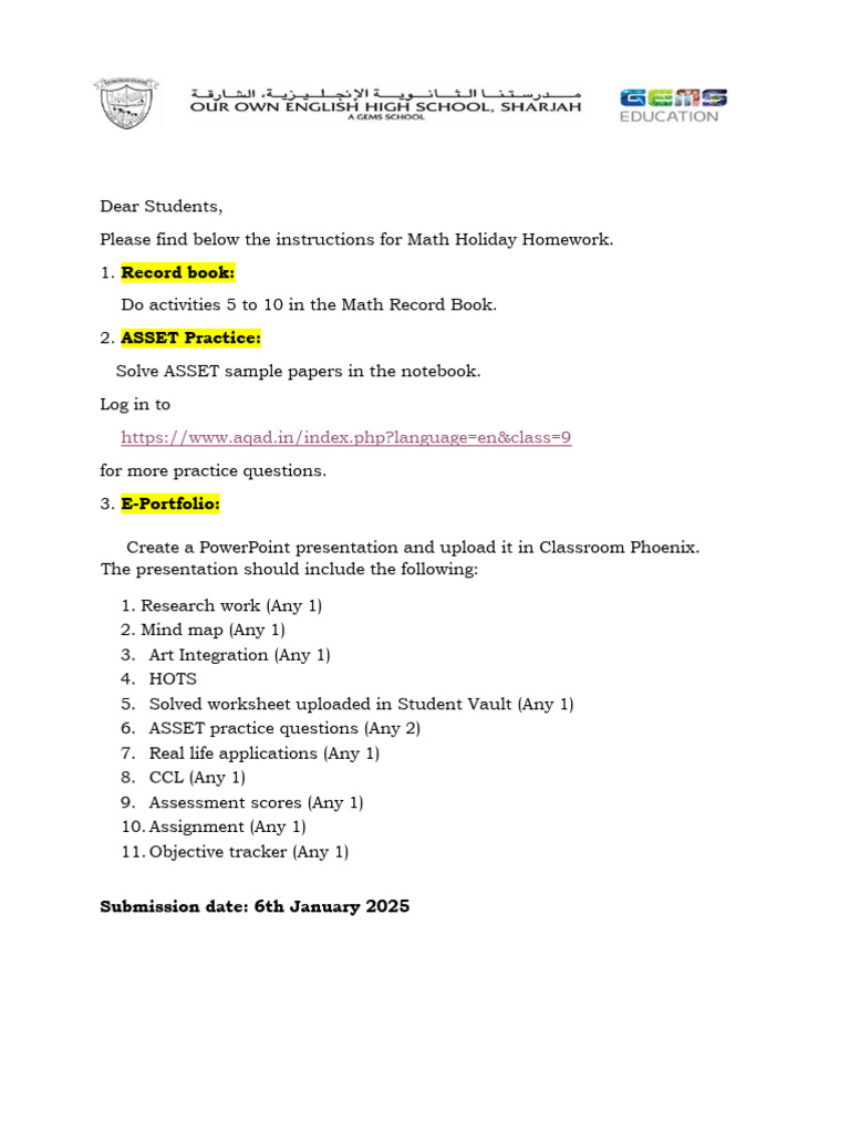 Instructions For Math Winter Holiday Homework 2024-25 | PDF
