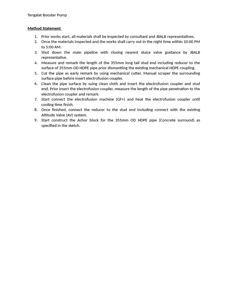 Method Statement For 355mm HDPE Pipe | PDF
