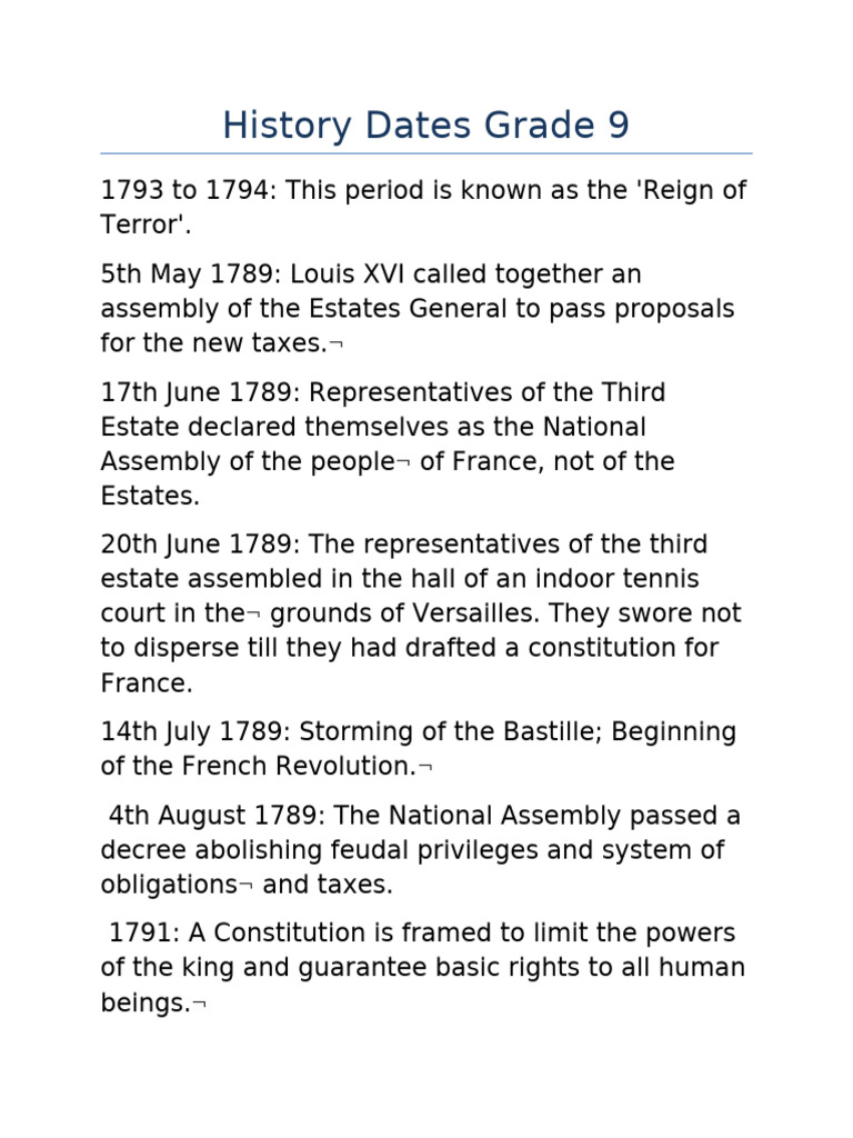 History Dates Grade 9 | PDF
