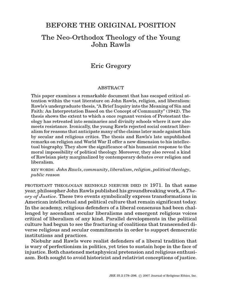 BEFORE THE ORIGINAL POSITION The Neo-Orthodox Theology of The Young ...