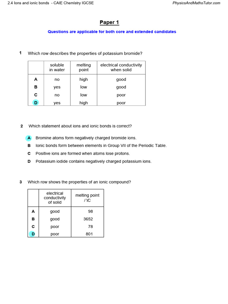 IGCSE Chemistry: Ionic Bonds Quiz | PDF | Ion | Chemical Compounds