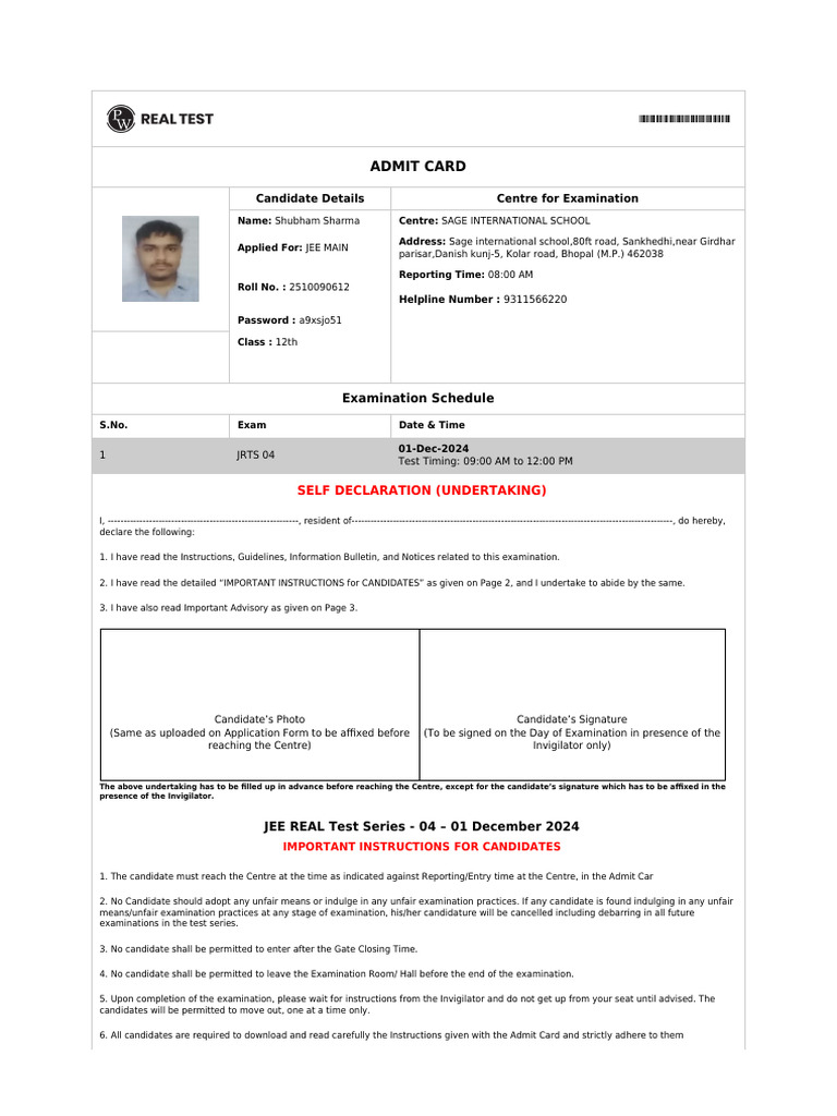Admitcard 2510090612 6408106 | PDF | Identity Document