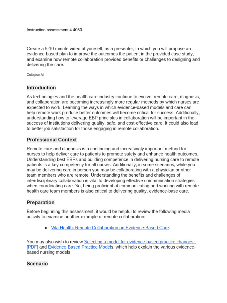 Instruction Assessment 4 4030 | PDF | Evidence Based Practice | Nursing