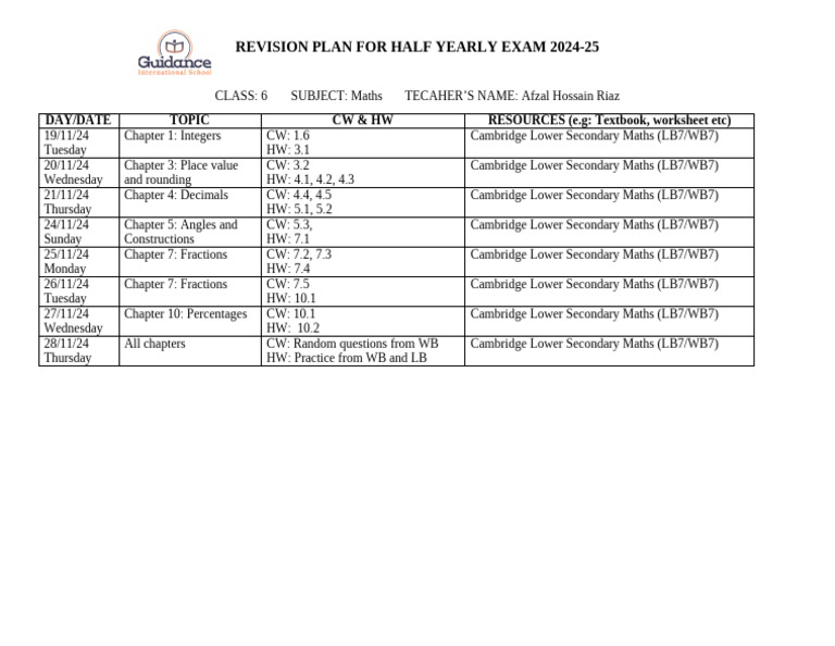 Revision Plan For Hye 2024 g6 Maths | PDF
