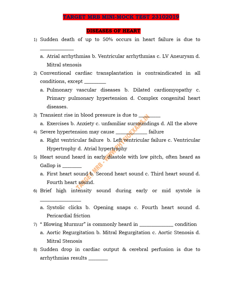 Heart Disease Mini-Mock Test Questions | PDF | Heart | Ventricle (Heart)
