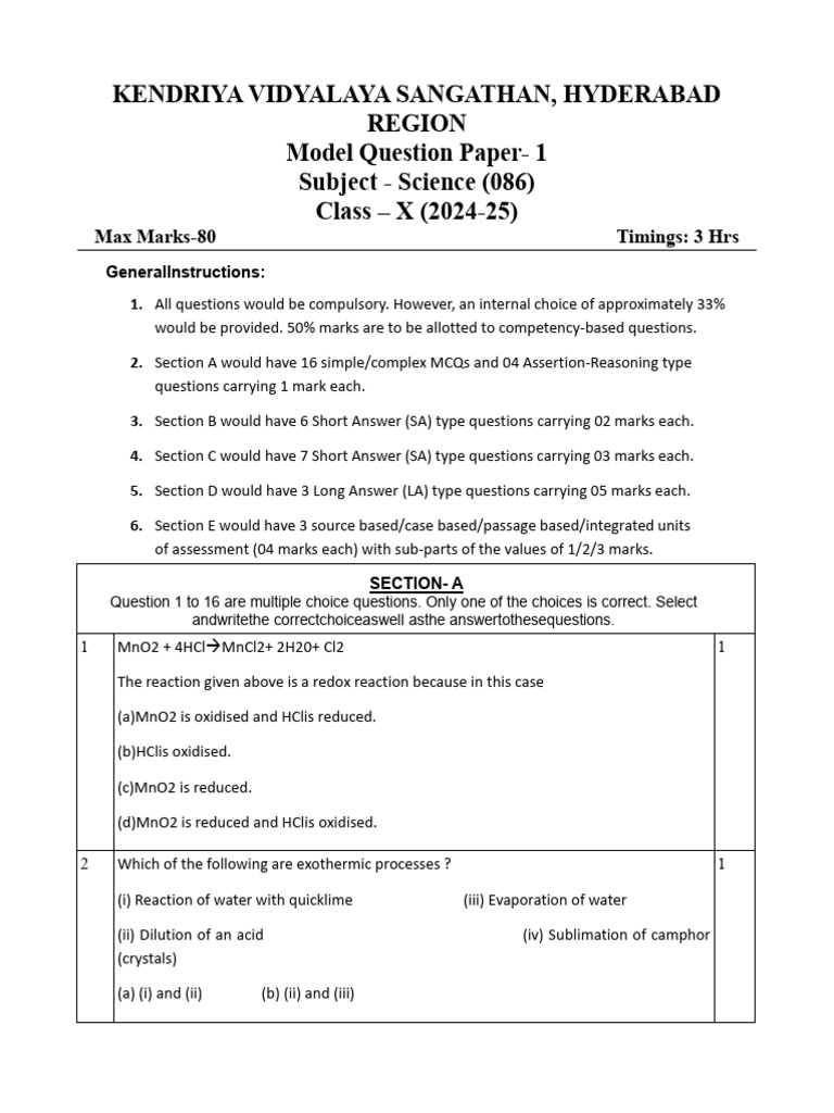 x - Science (086) - Model Papers | PDF | Redox | Chemical Reactions