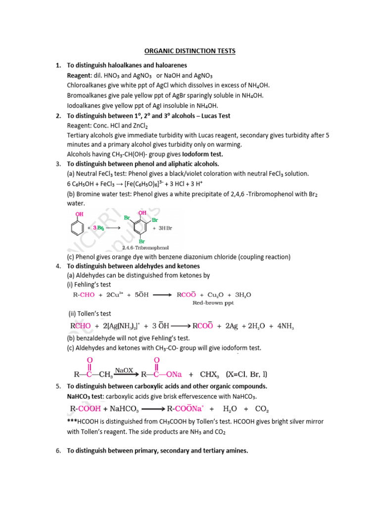 Organic Distinction Tests Overview | PDF | Amine | Chemical Compounds