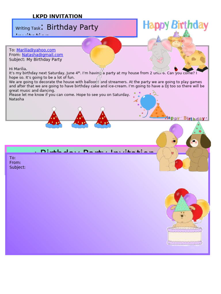 Creative Writing Birthday Party Invite 16 A1 Level Writing Creative ...