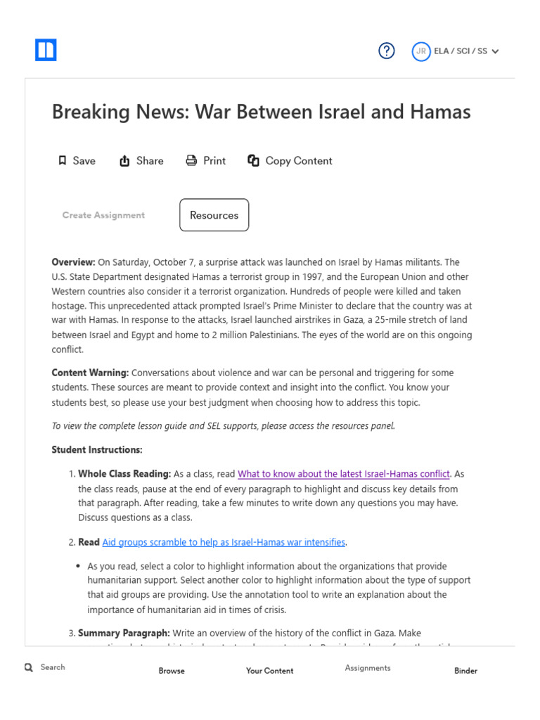 Newsela - Breaking News - War Between Israel and Hamas | PDF | Hamas | Middle East