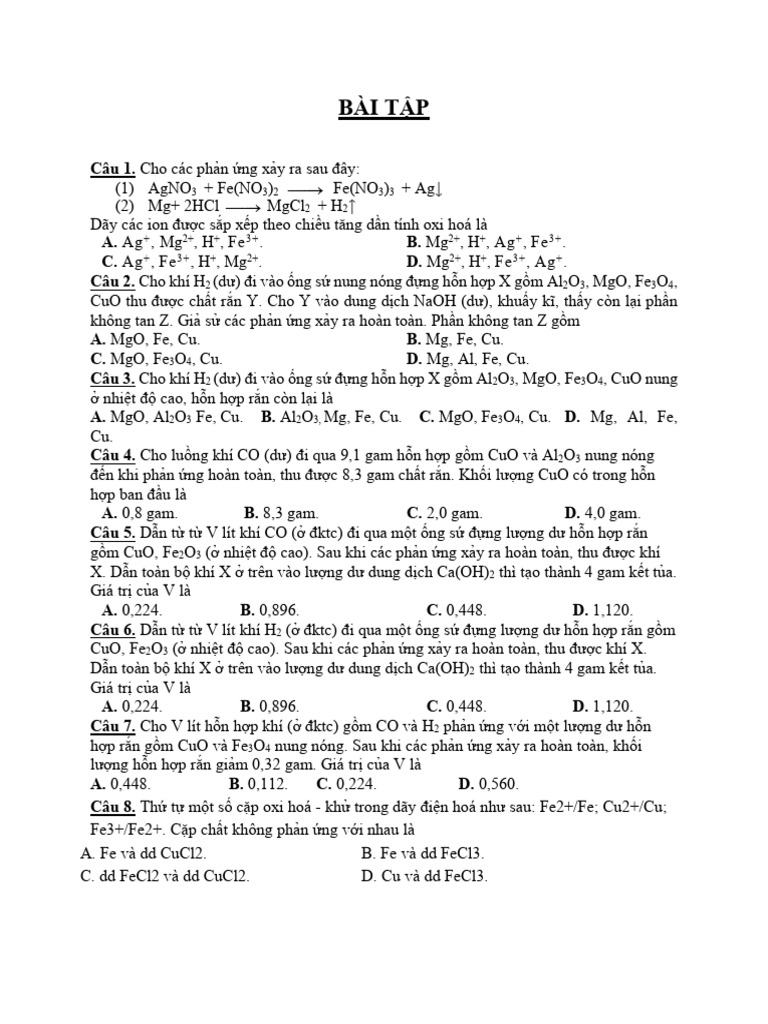 62 Bai Luyen Tap Hoa Hoc - Yhct-Dd-2024-2025 | PDF