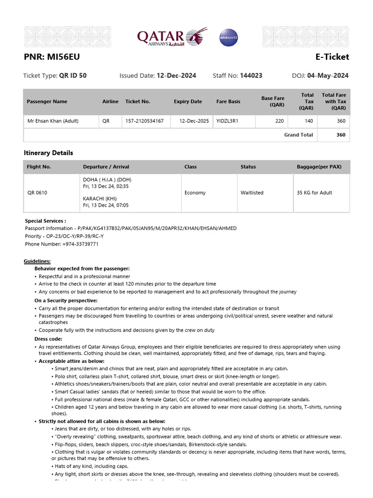 Qatar Airways Ticket and Dress Code Guide | PDF | Trousers | Clothing