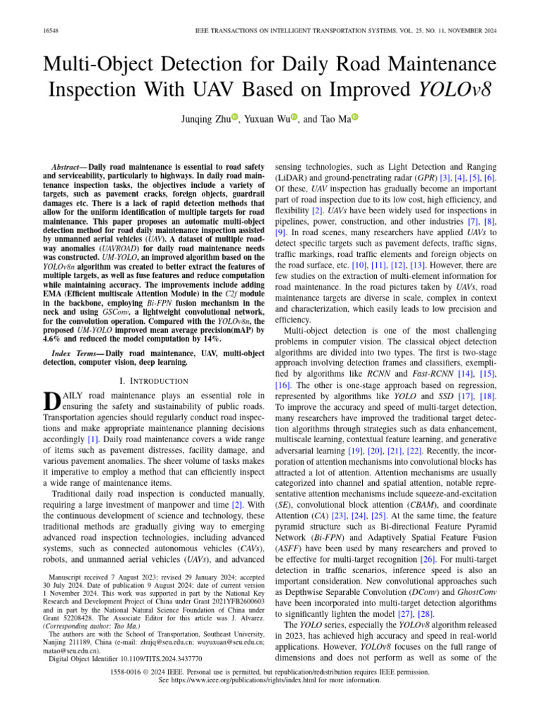 Multi-Object Detection For Daily Road Maintenance Inspection With UAV Based On Improved YOLOv8 ...