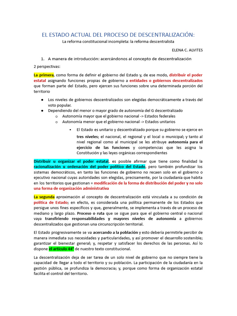 Alvites Estado Actual Del Proceso de Descentralización | PDF | Gobierno ...