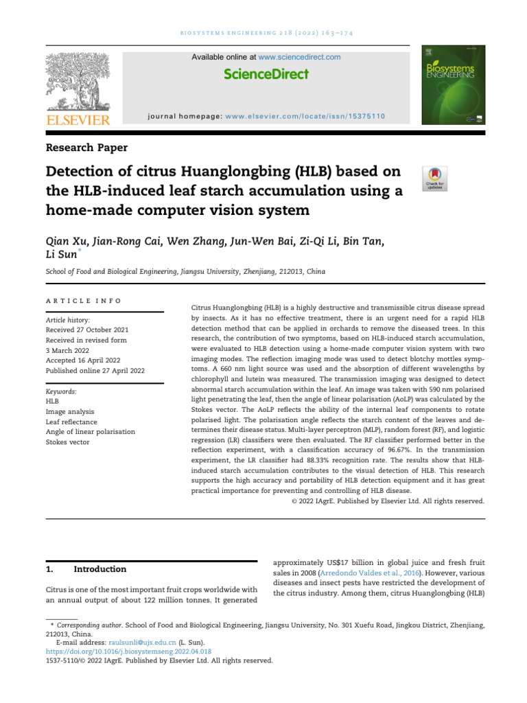 Detection of Citrus Huanglongbing HLB Based on the HLB Ind 2022 ...